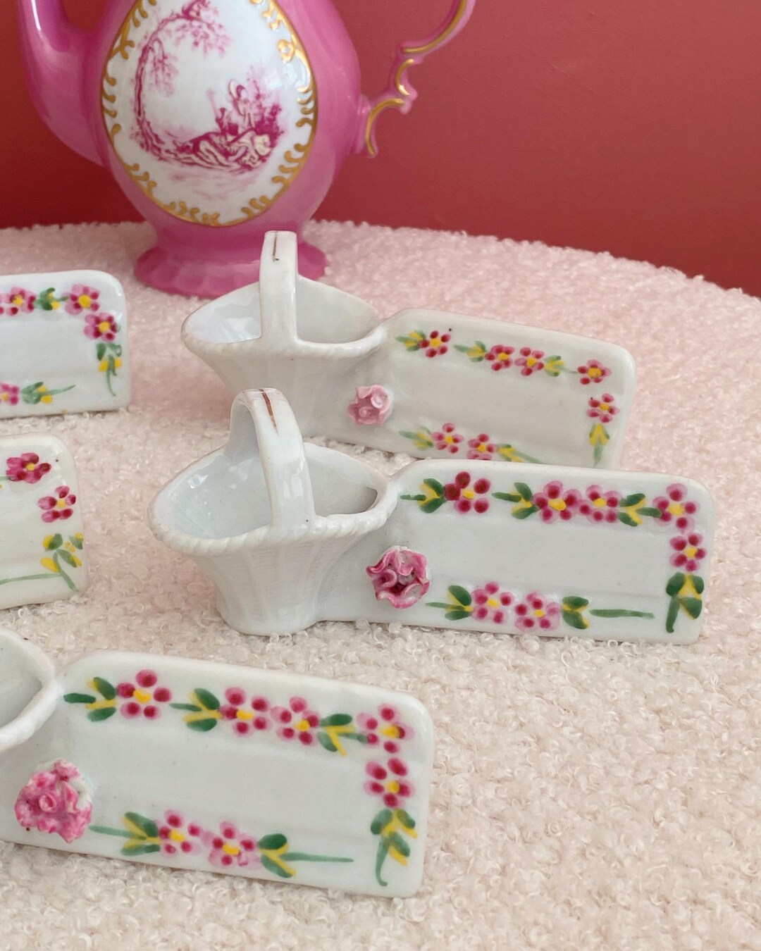 Vintage French Flower Basket Knife Rest Set of 5 With Hand Painted Pink ...