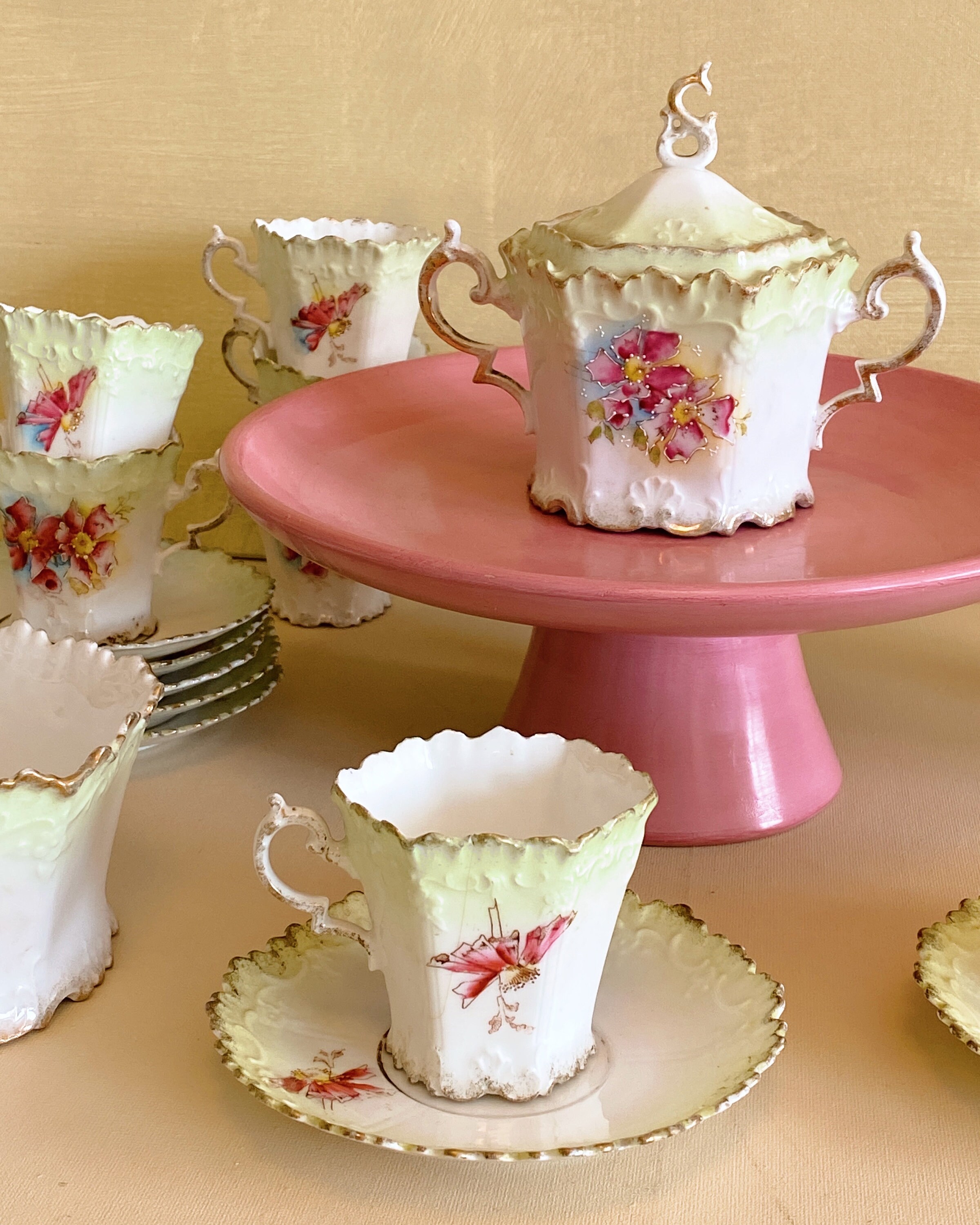Antique Prussian Pastel Green Tea Set, 6 Persons Set With Pink Flowers ...