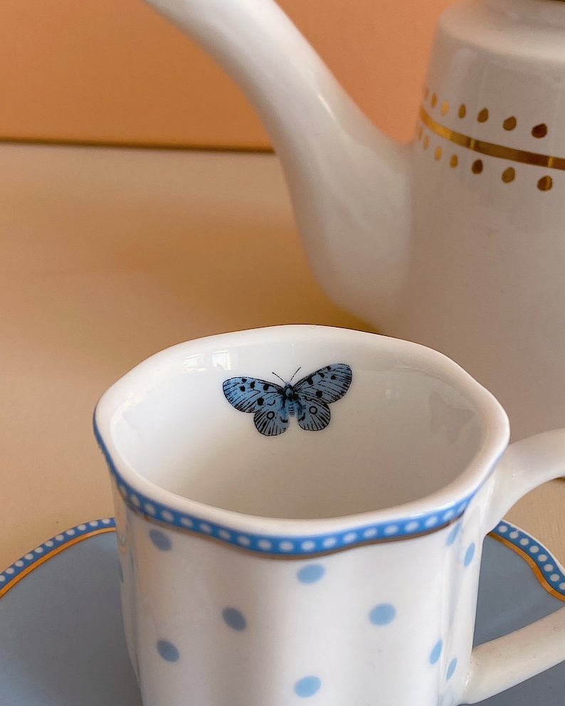 Vintage Blue Polka Dot Butterfly Espresso Cup Saucer Set of 2, Made in ...