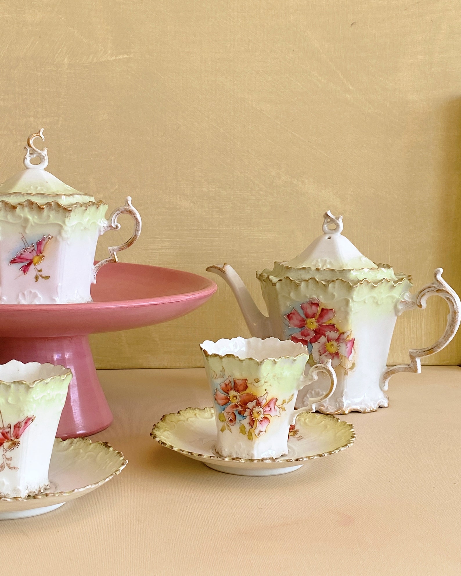 Antique Prussian Pastel Green Tea Set, 6 Persons Set With Pink Flowers ...