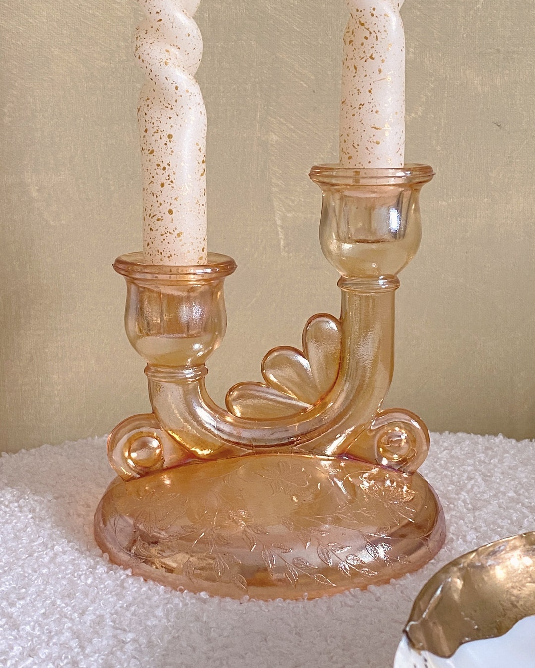 Vintage Marigold Carnival Glass Floral Candle Holder, Iridescent Peach ...
