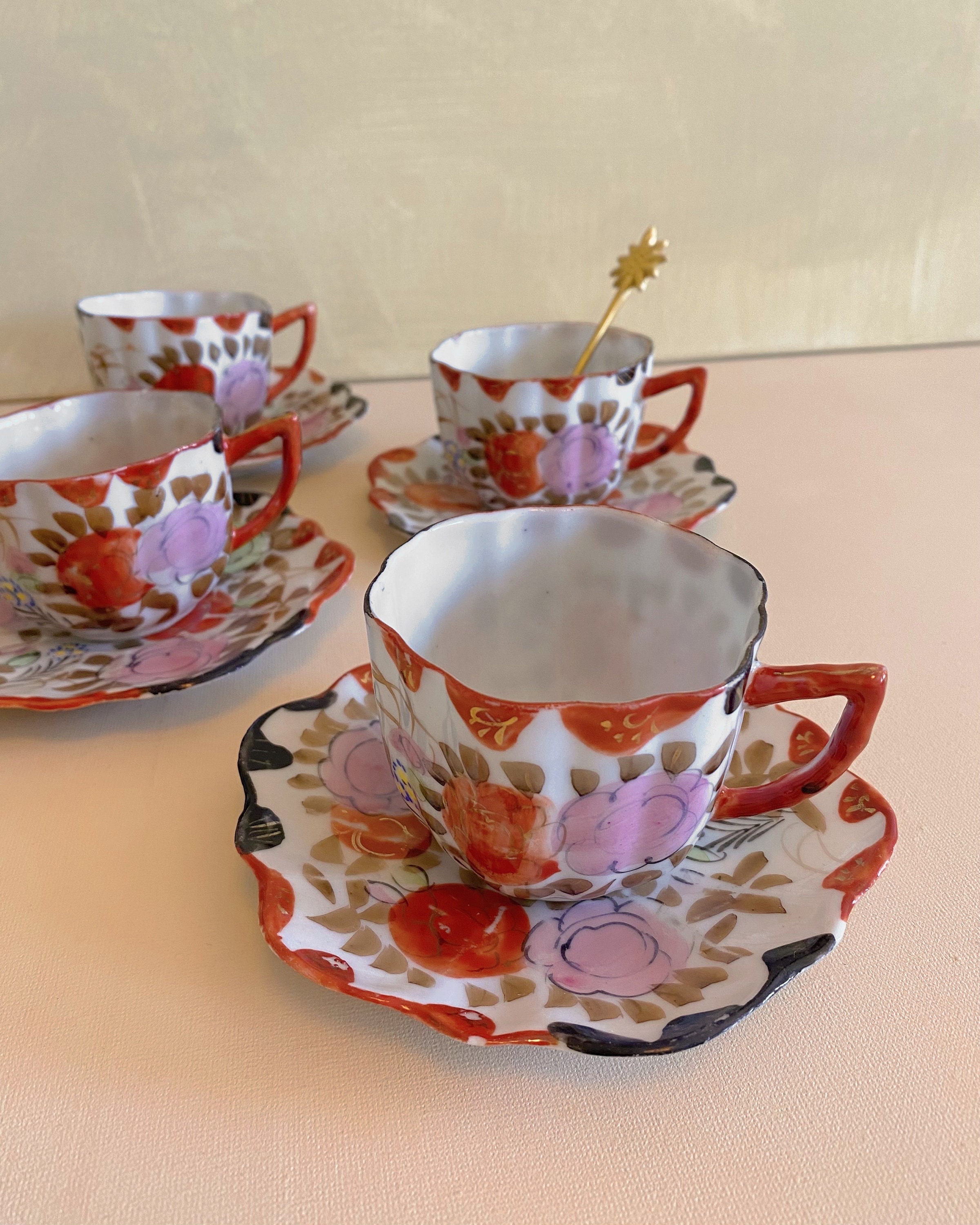 Antique Japanese Hand Painted Eggshell Porcelain Kutani Red Flower Cup ...