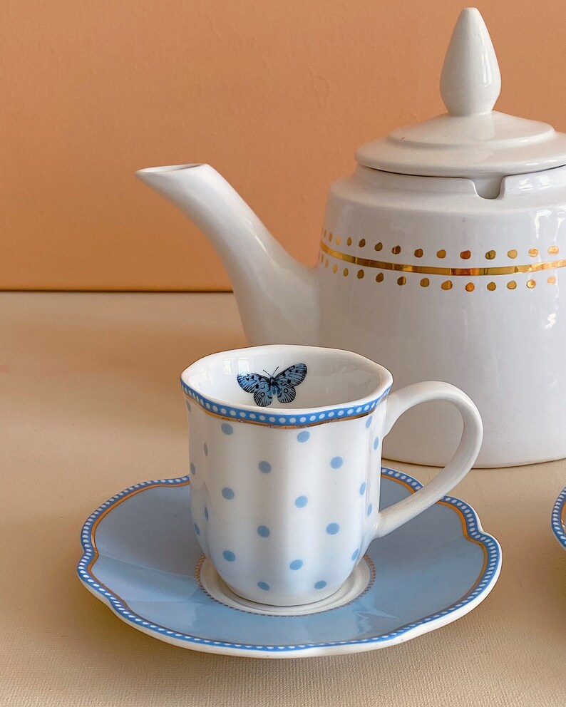 Vintage Blue Polka Dot Butterfly Espresso Cup Saucer Set of 2, Made in ...