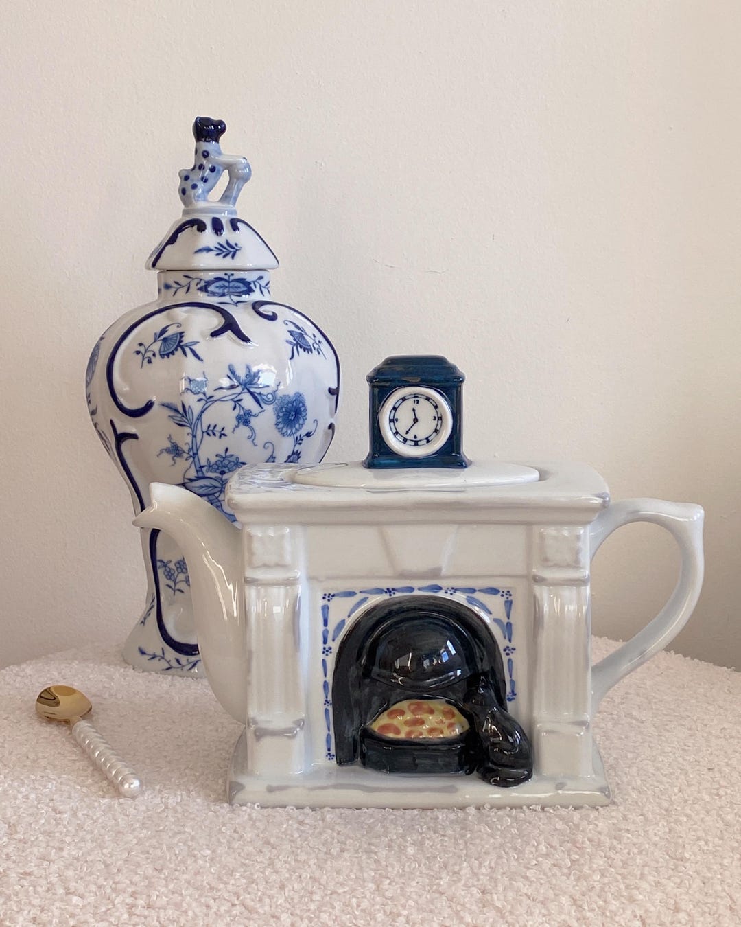 Vintage Fireplace Mantle With Cat Figural Teapot, Hand Painted ...