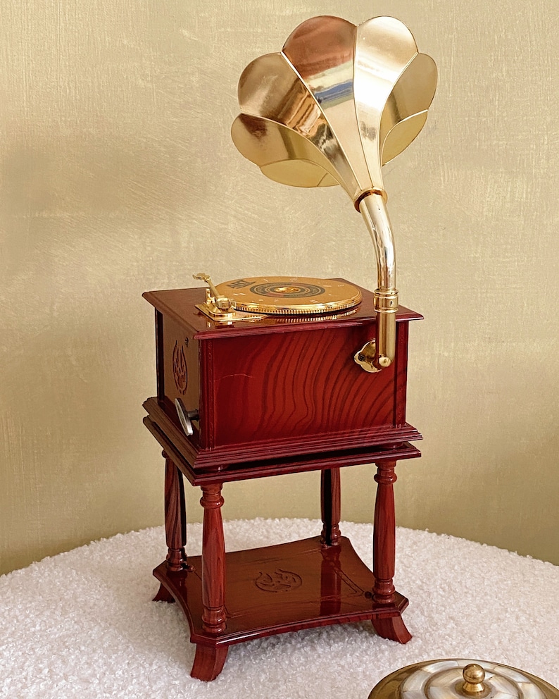Vintage LP Retro Record Player Music Box, Brown Gold Vinyl Player ...