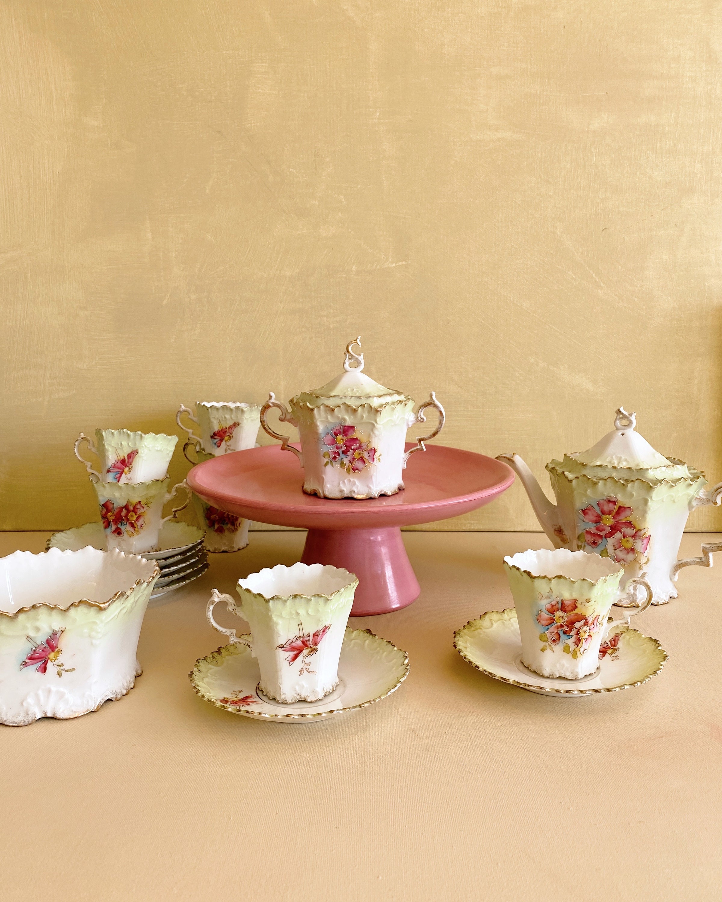 Antique Prussian Pastel Green Tea Set, 6 Persons Set With Pink Flowers ...