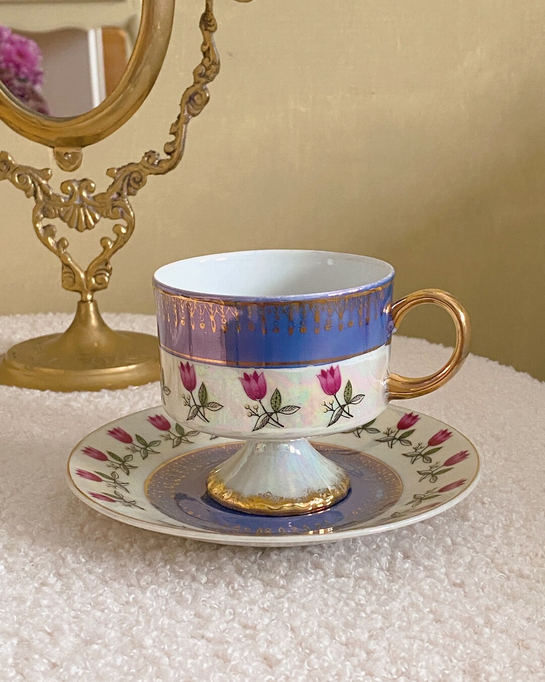 Vintage Pink Tulip Iridescent Cup Saucer Set With Blue Detailing and ...