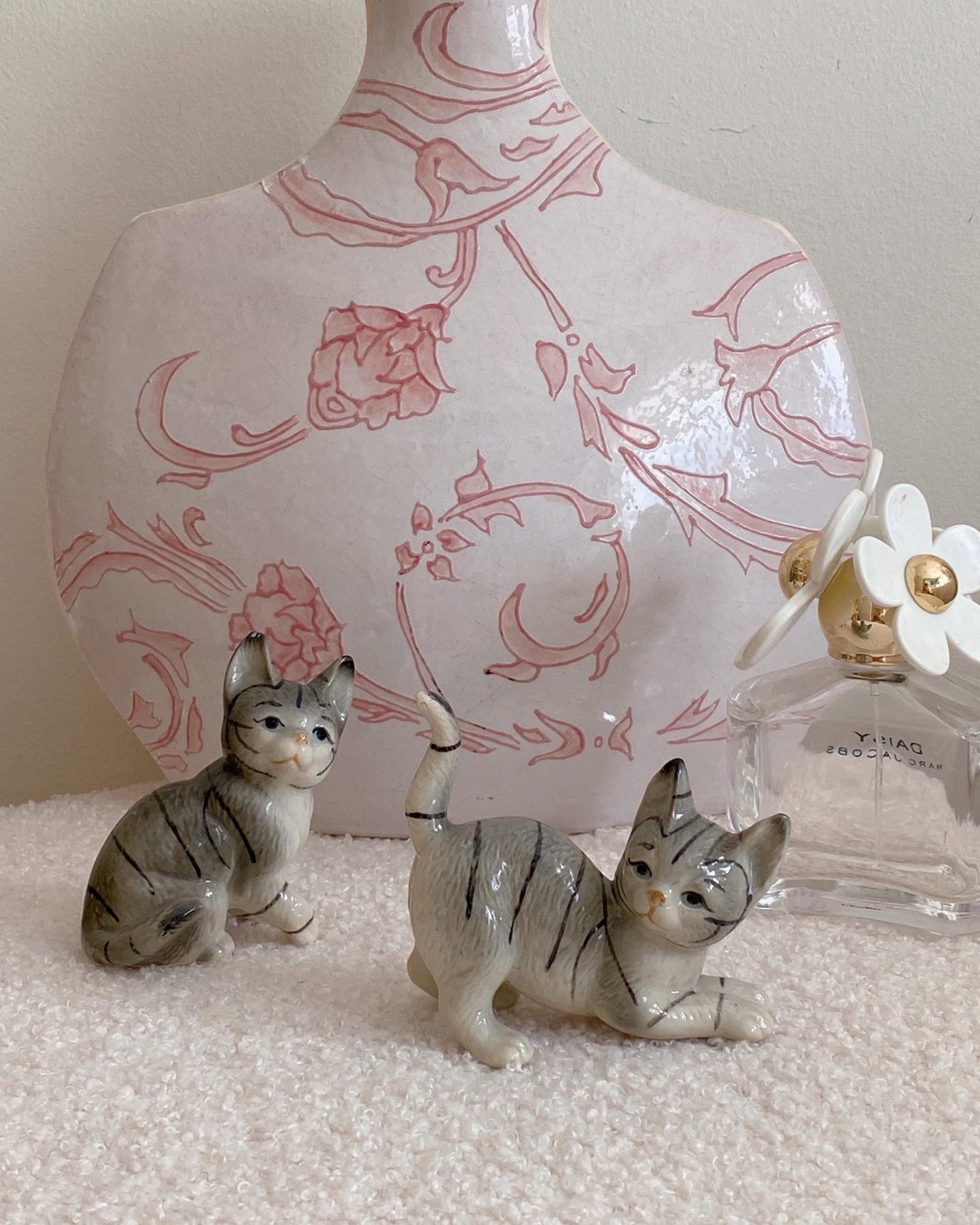 Vintage Porcelain Grey Striped Cat Figurine Pair, Miniature Cabinet ...