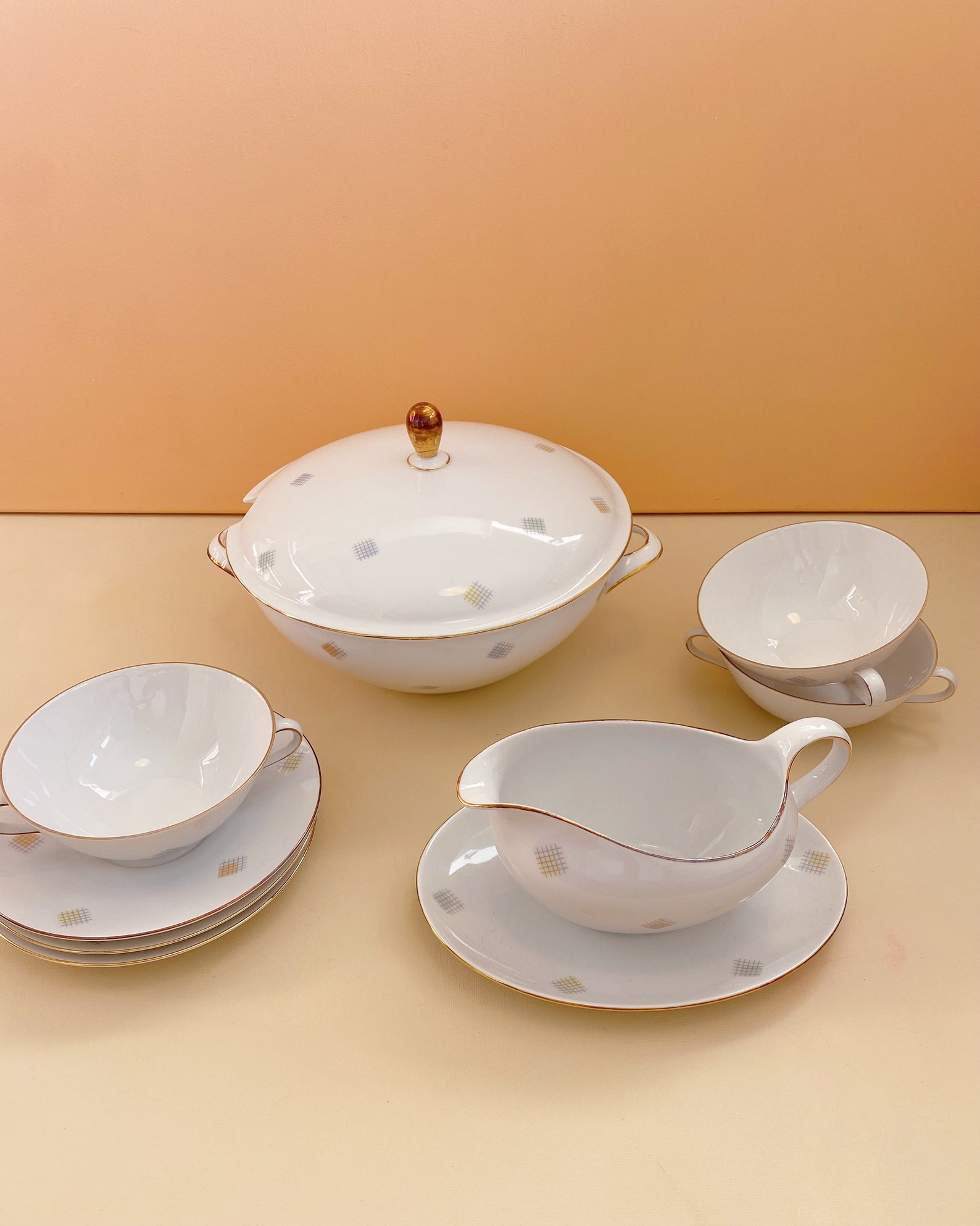 Vintage Seltmann Weiden Porcelain Soup Dinnerware Set With Diamond Shape Detailing and Gold Rim ...