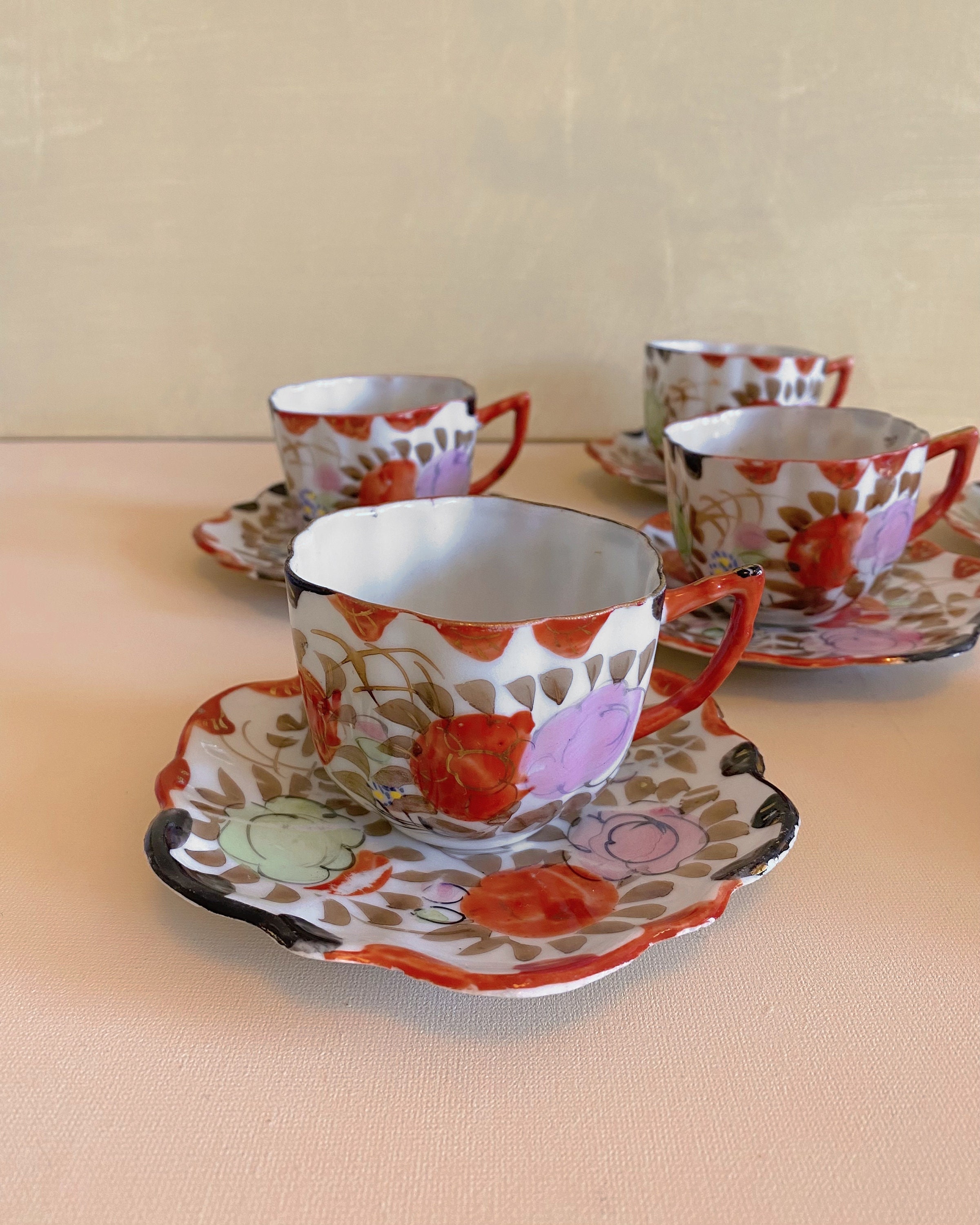 Antique Japanese Hand Painted Eggshell Porcelain Kutani Red Flower Cup ...