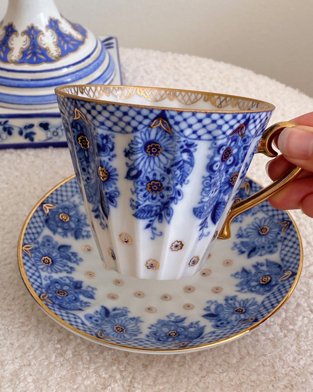 Vintage USSR Lomonosov Porcelain Blue White Floral Cup Saucer Set With ...