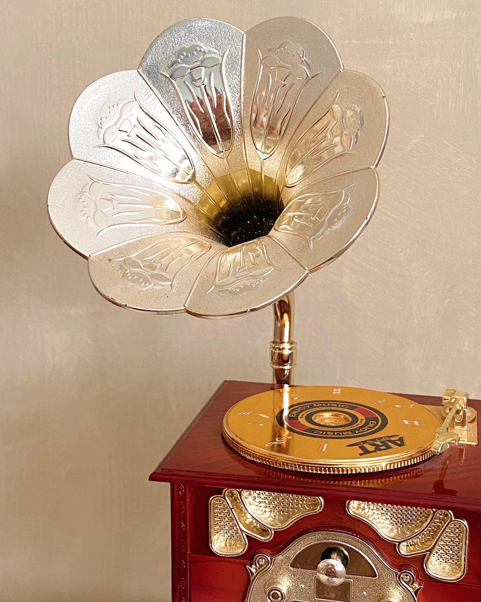 Vintage LP Retro Record Player Music Box, Brown Gold Vinyl Player ...