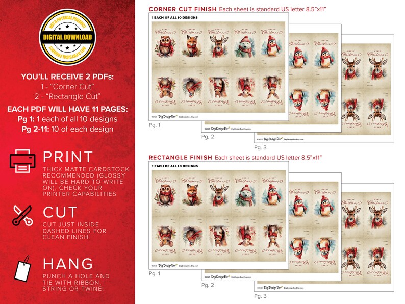 Printable Christmas Gift Tags, Digital Download, Christmas Animals ...