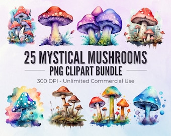 20 Mushroom Watercolor Clipart, Watercolor Forest Art Fantasy Clipart ...