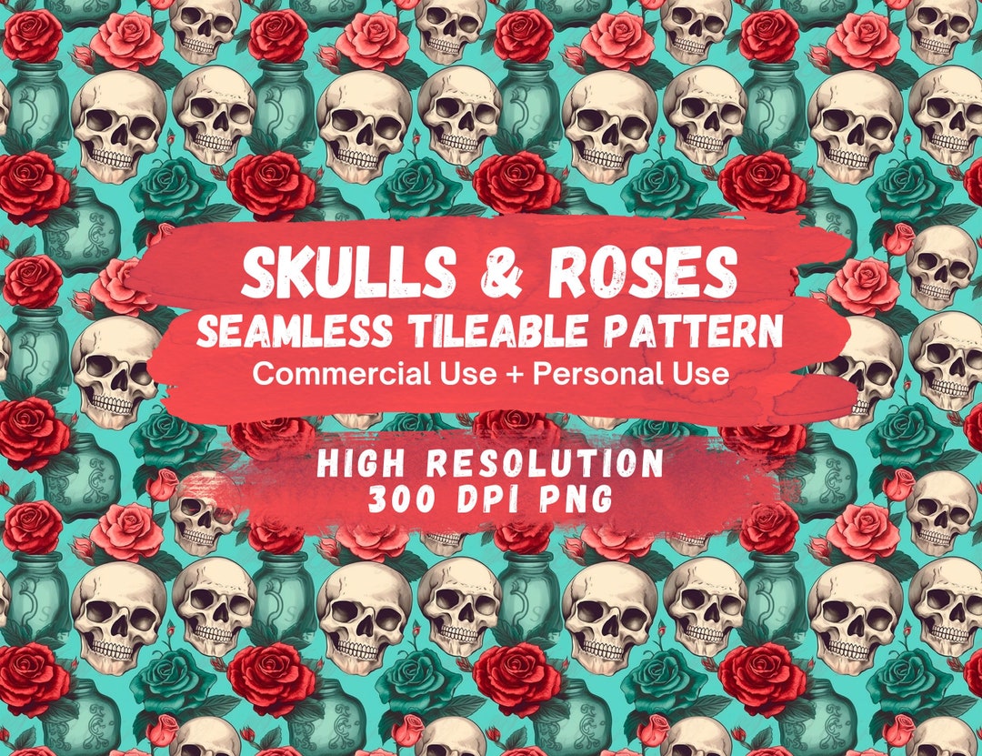 Skull & Roses Seamless Pattern, Repeating Design, Vintage Background ...