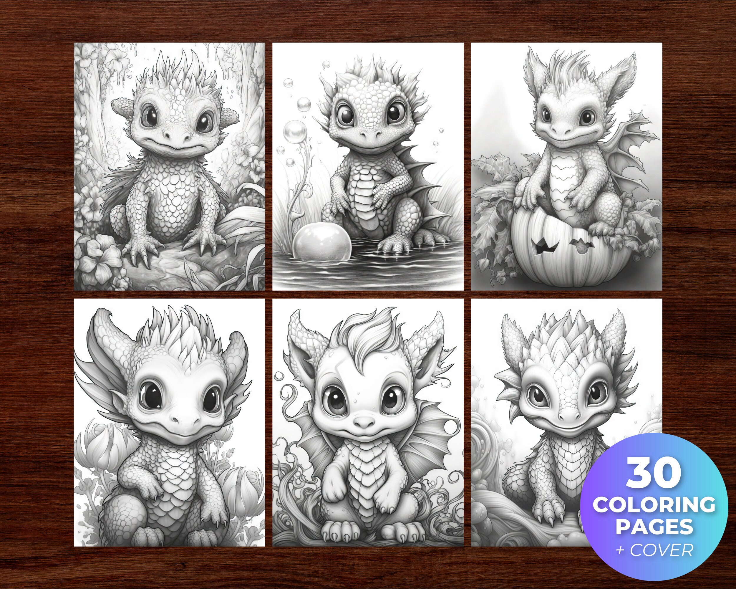 Baby Dragon Coloring Book: 30 Fantasy Grayscale Pages (printable PDF ...