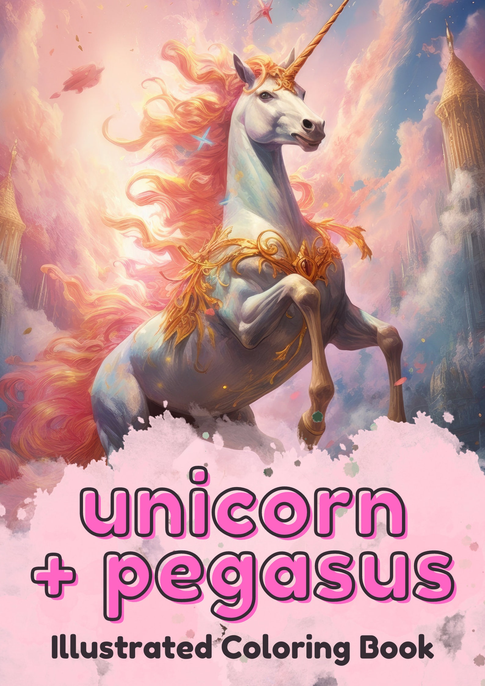 Unicorn & Pegasus Coloring Book: Fantasy Art, Grayscale Illustrations ...