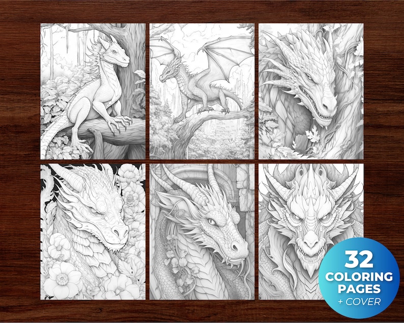 Forest Dragons Coloring Book: 32 Fantasy Dragon Coloring Pages for ...