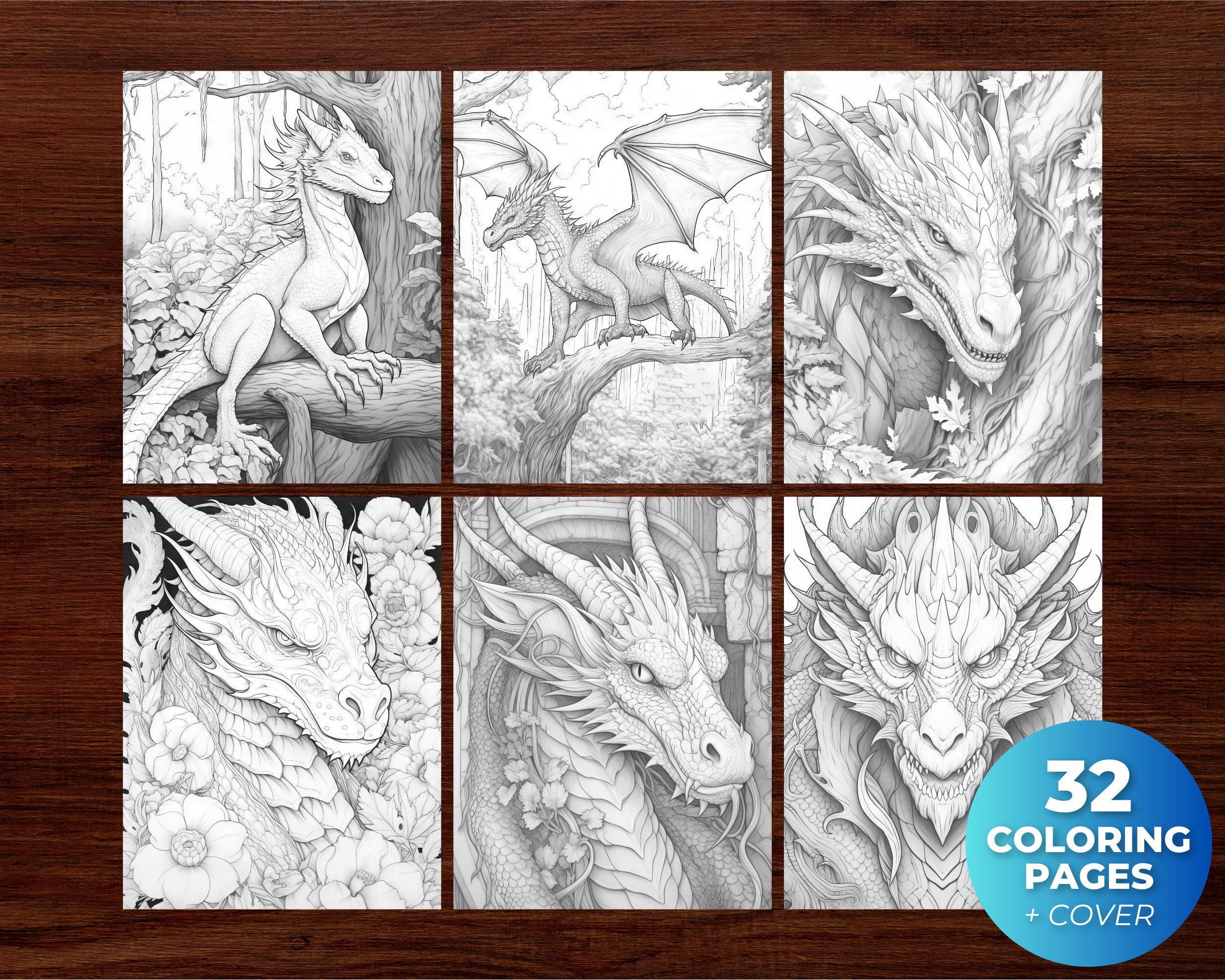 Forest Dragons Coloring Book: 32 Fantasy Dragon Coloring Pages for ...