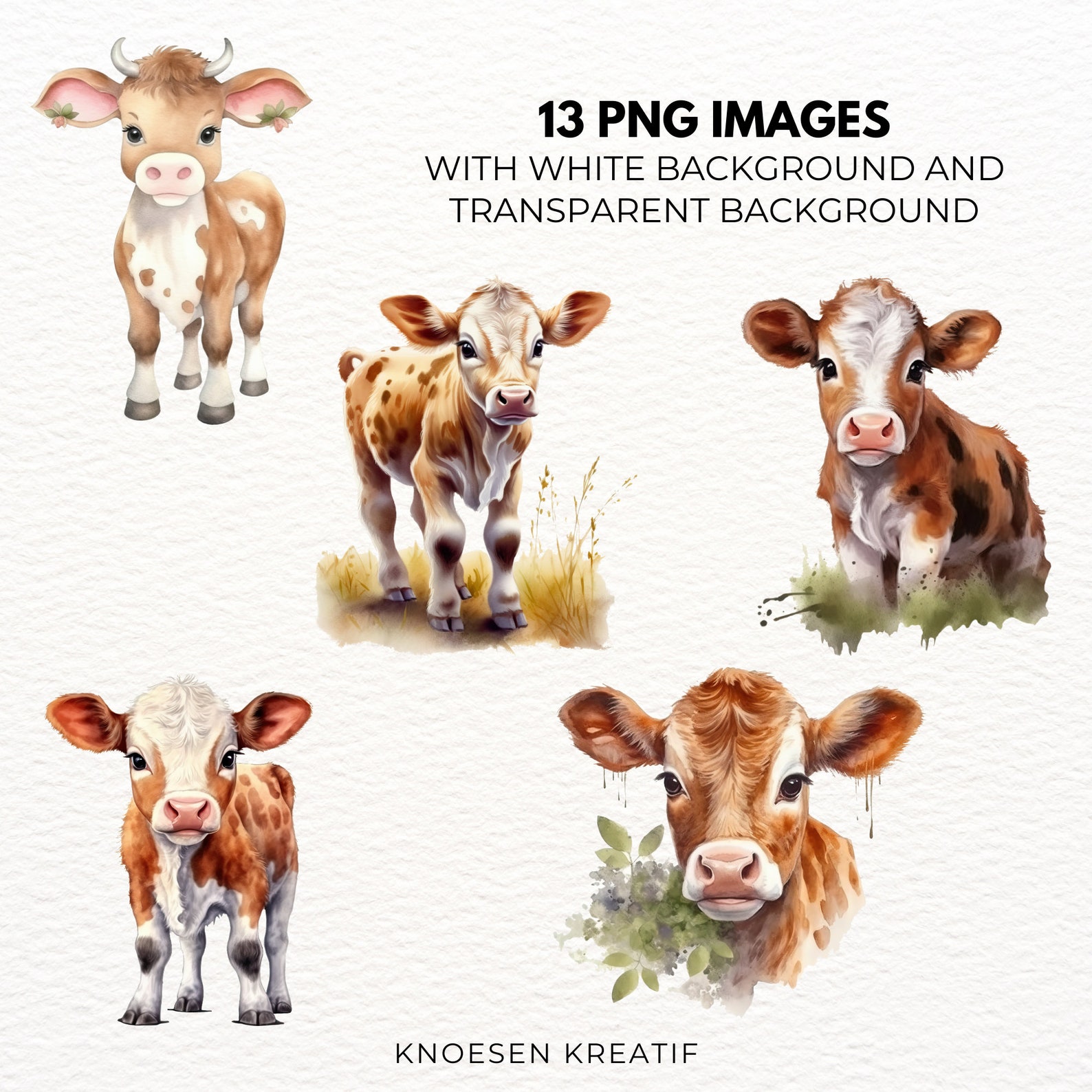 Watercolor Baby Cow Clipart: Farm Animal PNG, Nursery Art (digital ...