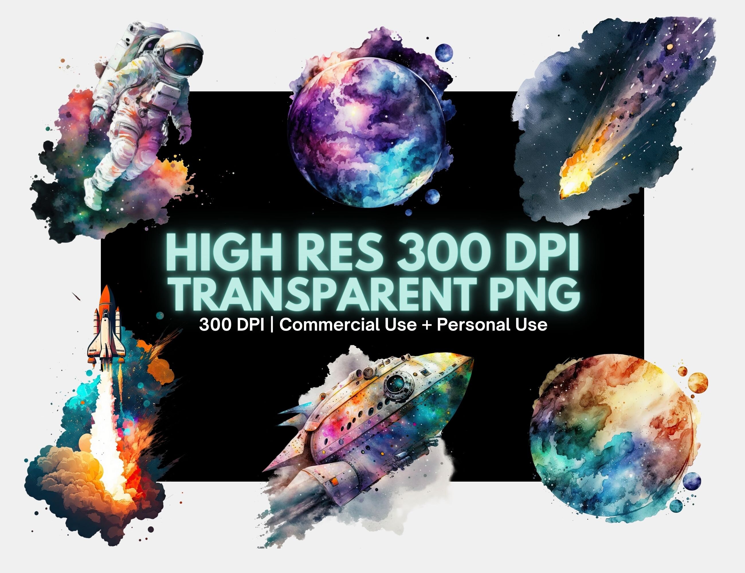 Watercolor Space Clipart Bundle: Planets, Astronauts, Rockets (PNG ...