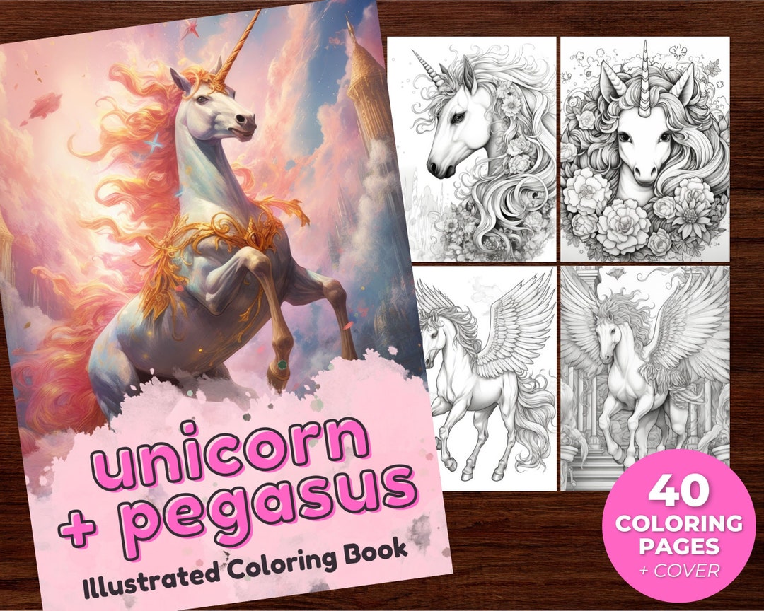 Unicorn & Pegasus Coloring Book: Fantasy Art, Grayscale Illustrations ...