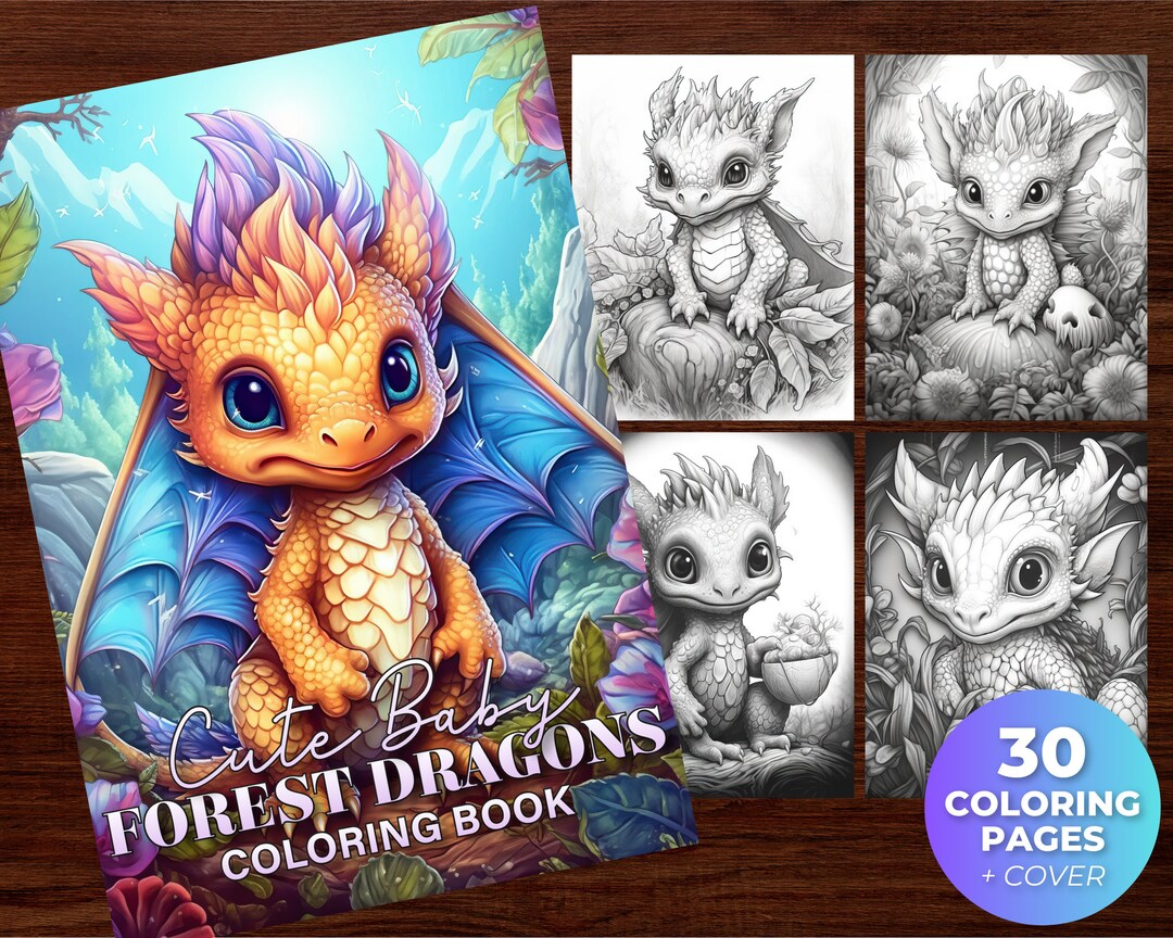 Baby Dragon Coloring Book: 30 Fantasy Grayscale Pages (printable PDF ...