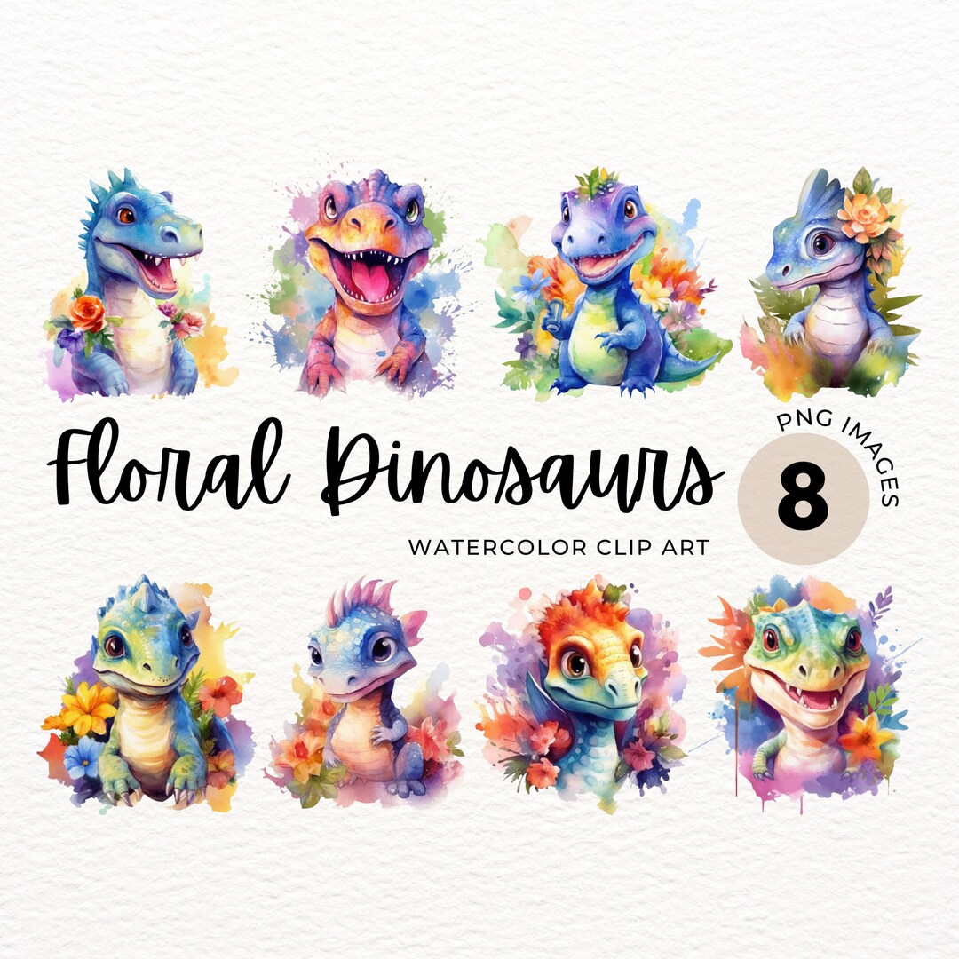 Colorful Watercolor Dinosaur Clipart – Cute Dino Illustrations for DIY ...