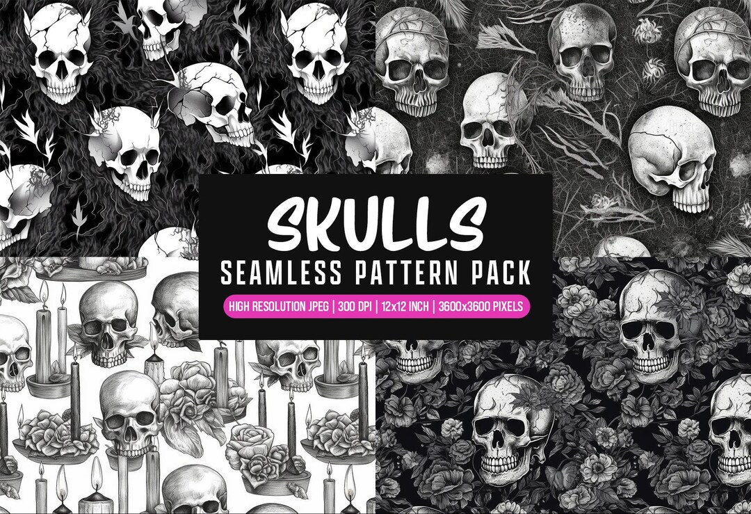 38 Seamless Skulls Mega Pattern & Digital Papers Bundle: Skulls ...