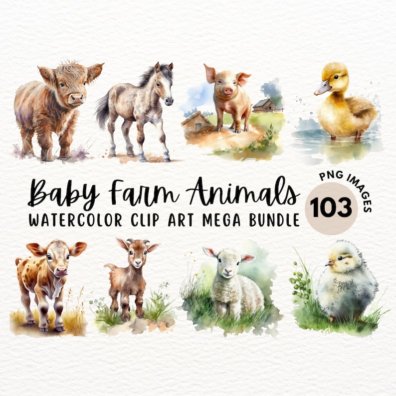 103 Baby Farm Animals Watercolor Clipart Farm Animals PNG Baby Animals ...