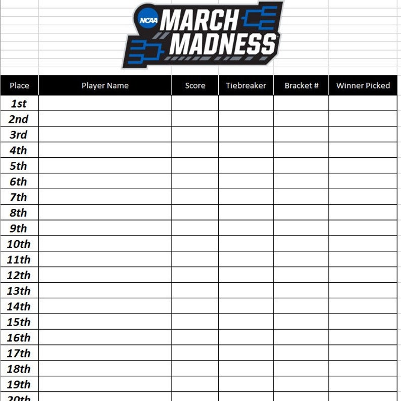 NCAA March Madness Tournament Bracket - Excel Spreadsheet - Etsy