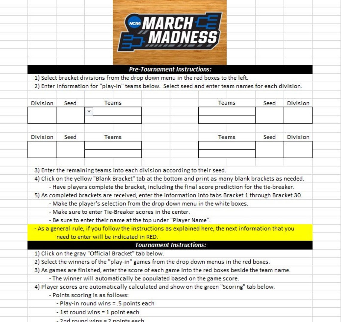 NCAA March Madness Tournament Bracket - Excel Spreadsheet - Etsy