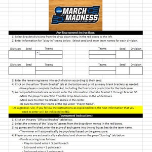 NCAA March Madness Tournament Bracket - Excel Spreadsheet - Etsy