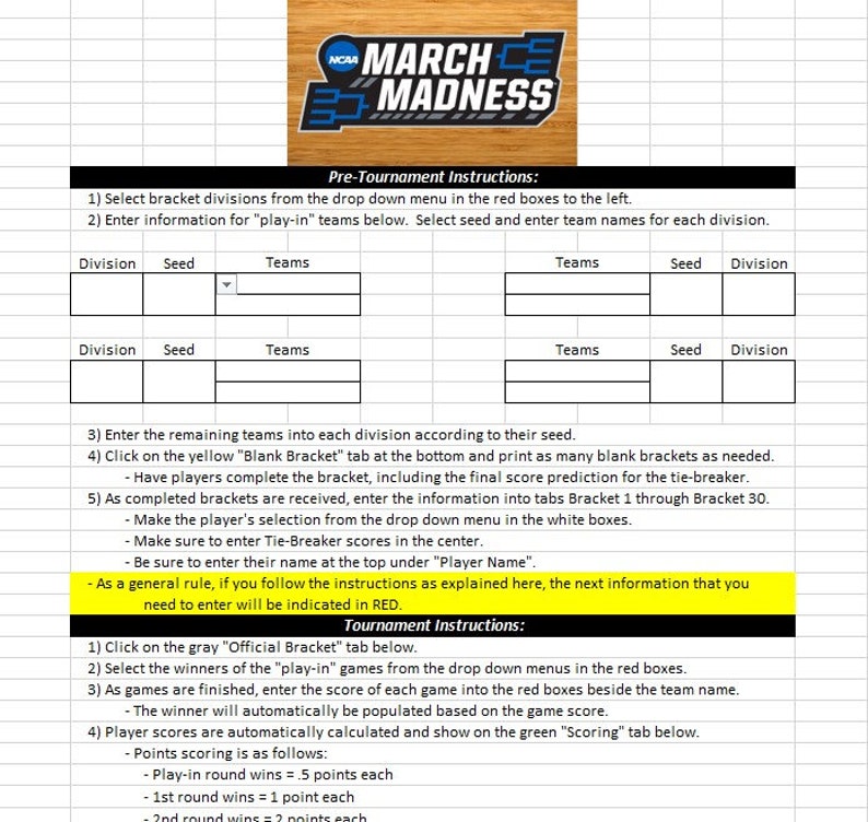 NCAA March Madness Tournament Bracket - Excel Spreadsheet - Etsy