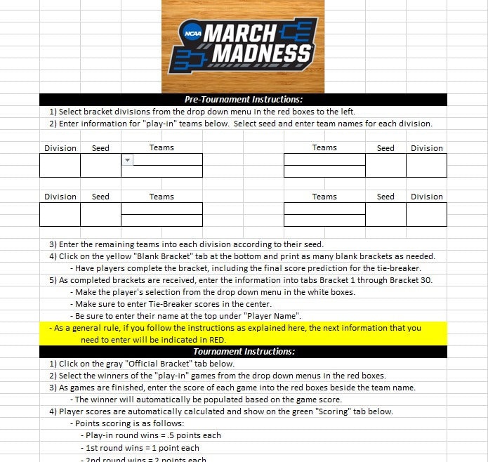 NCAA March Madness Tournament Bracket - Excel Spreadsheet - Etsy