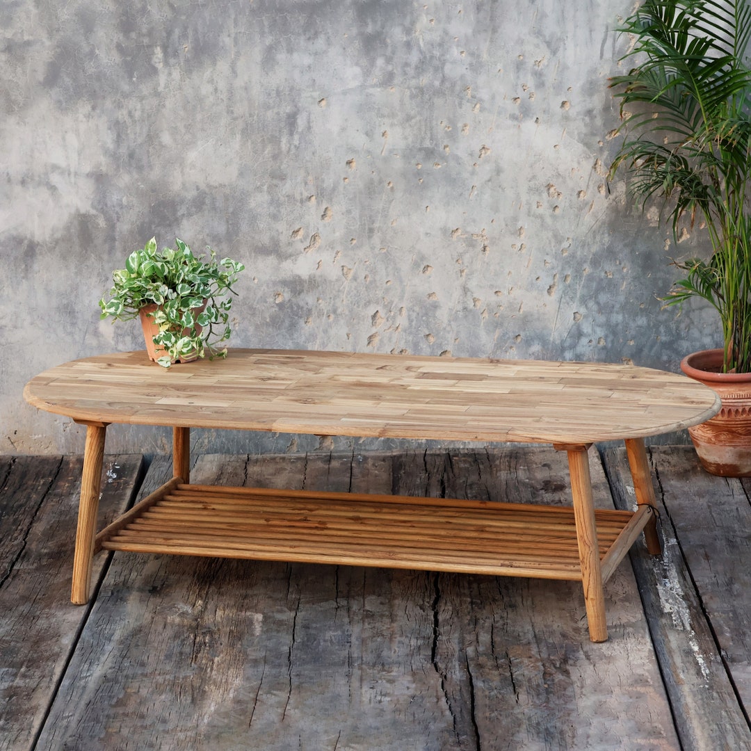 Reclaimed Teak Wood Coffee Table, Oval Coffee Table With Shelve, Living Room Center Table ...