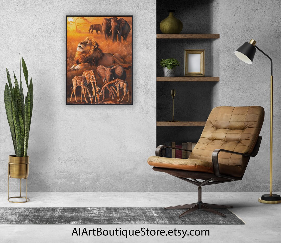 African Savanna Sunset Painting AI Art Golden Lion, Giraffe Family ...
