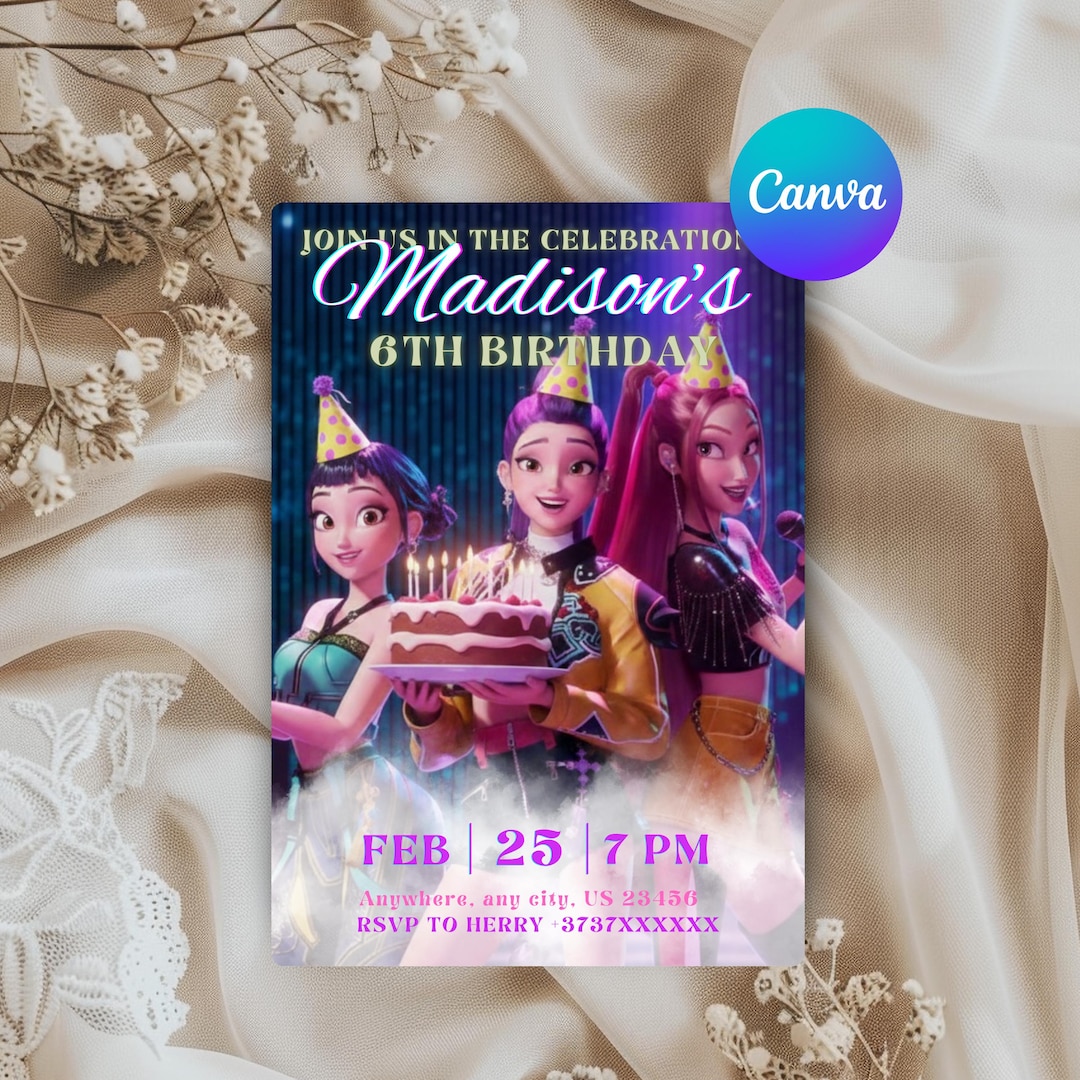 K-pop Demon Hunters Birthday Invitation - Editable Canva Template ...