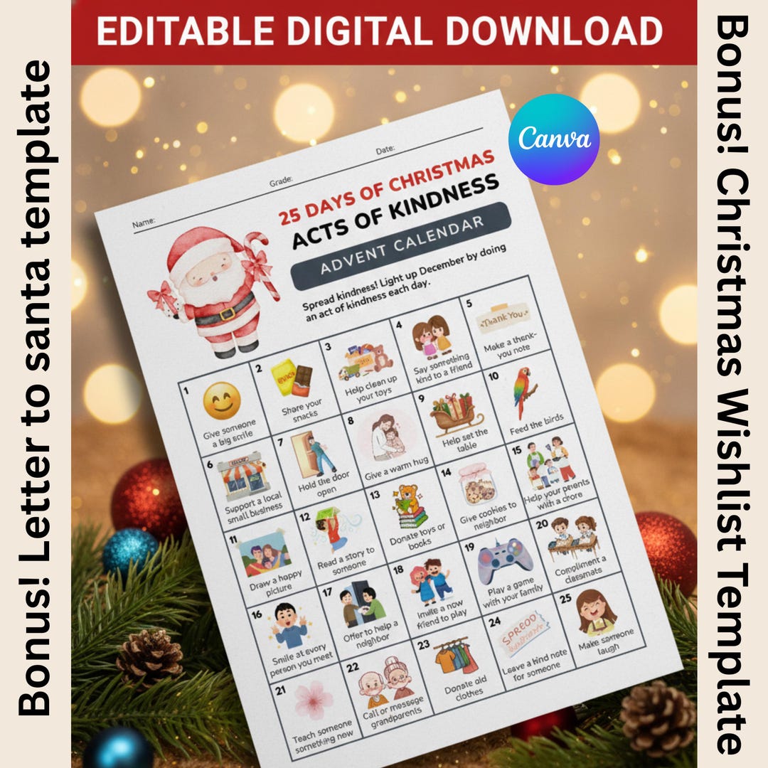 Printable Kindness Advent for Kids, Acts of Kindness Advent Calendar ...