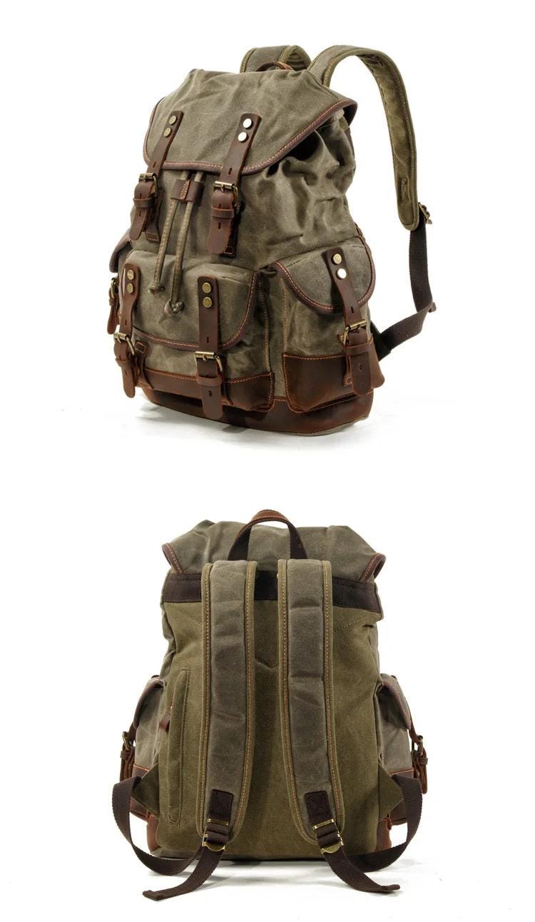 Retro Hiking Backpack for Travel & Work - Genuine Leather and Canvas ...