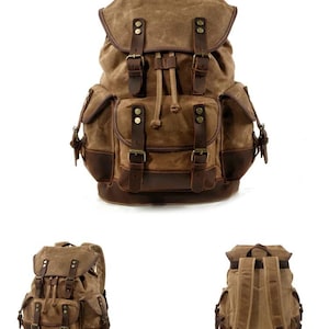 Retro Hiking Backpack for Travel & Work - Genuine Leather and Canvas ...