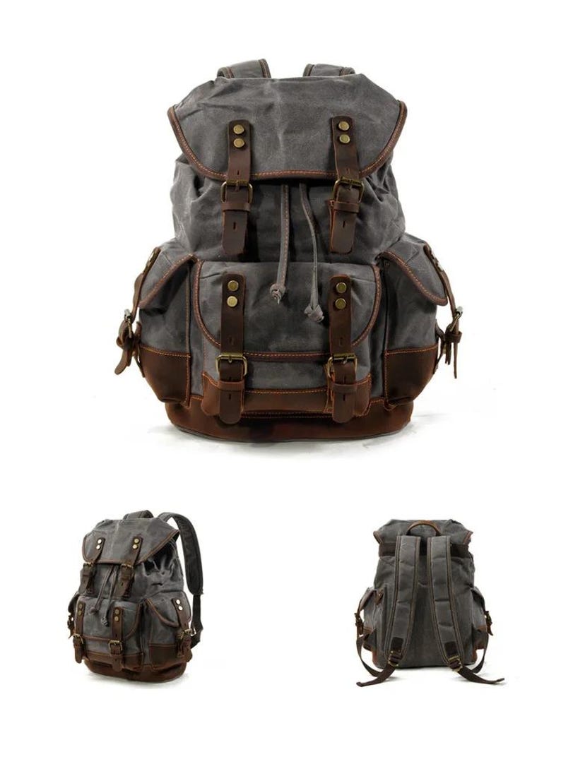 Retro Hiking Backpack for Travel & Work - Genuine Leather and Canvas ...