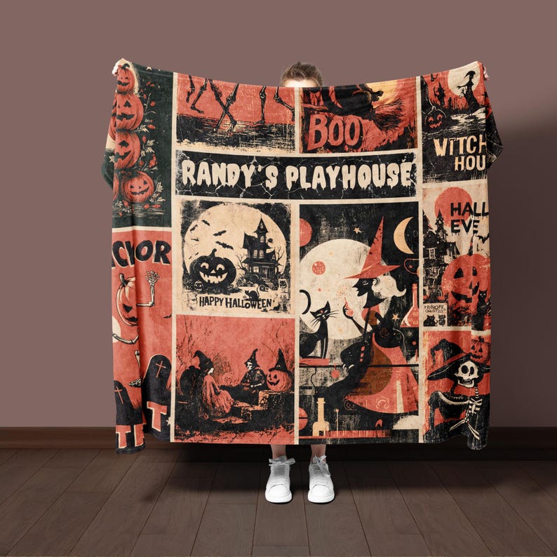 Personalized Retro Halloween Woven Blanket | Custom Vintage Vibe Minky ...