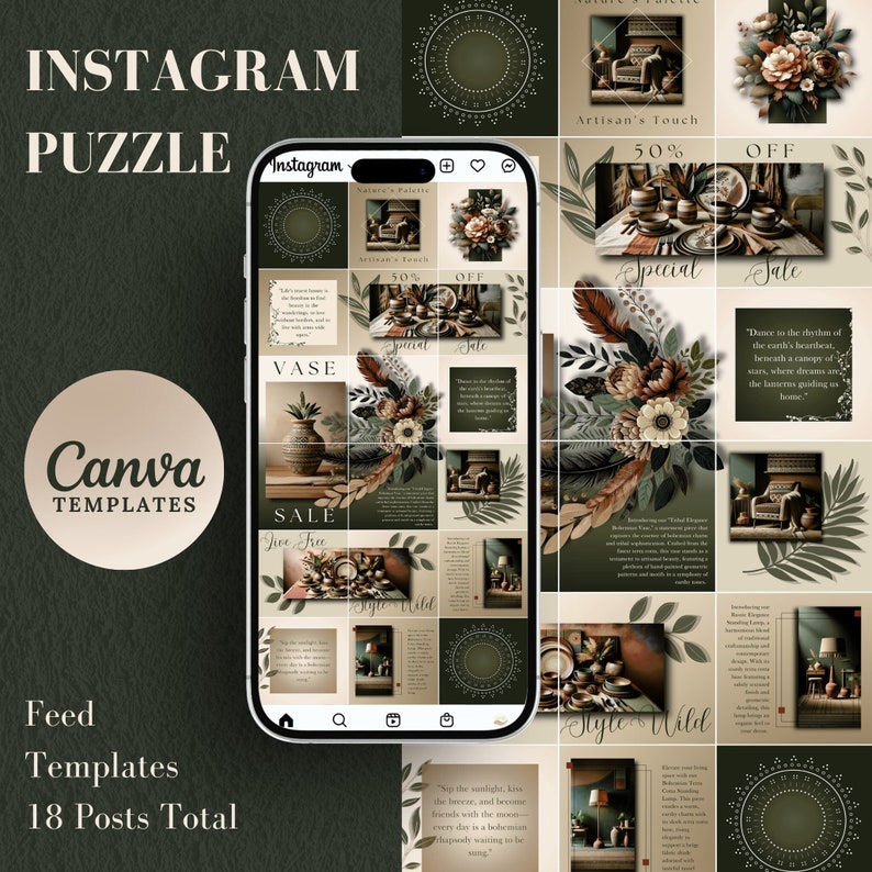 Green Mena, Boho Instagram Puzzle Feed for Business, Rustic Influencer ...