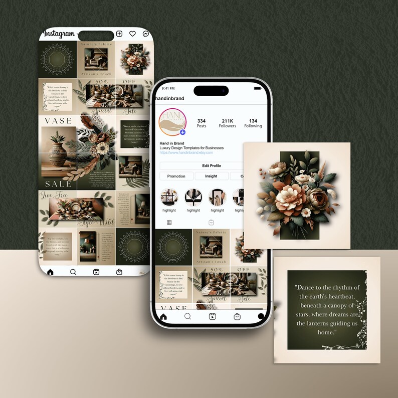 Green Mena, Boho Instagram Puzzle Feed for Business, Rustic Influencer ...