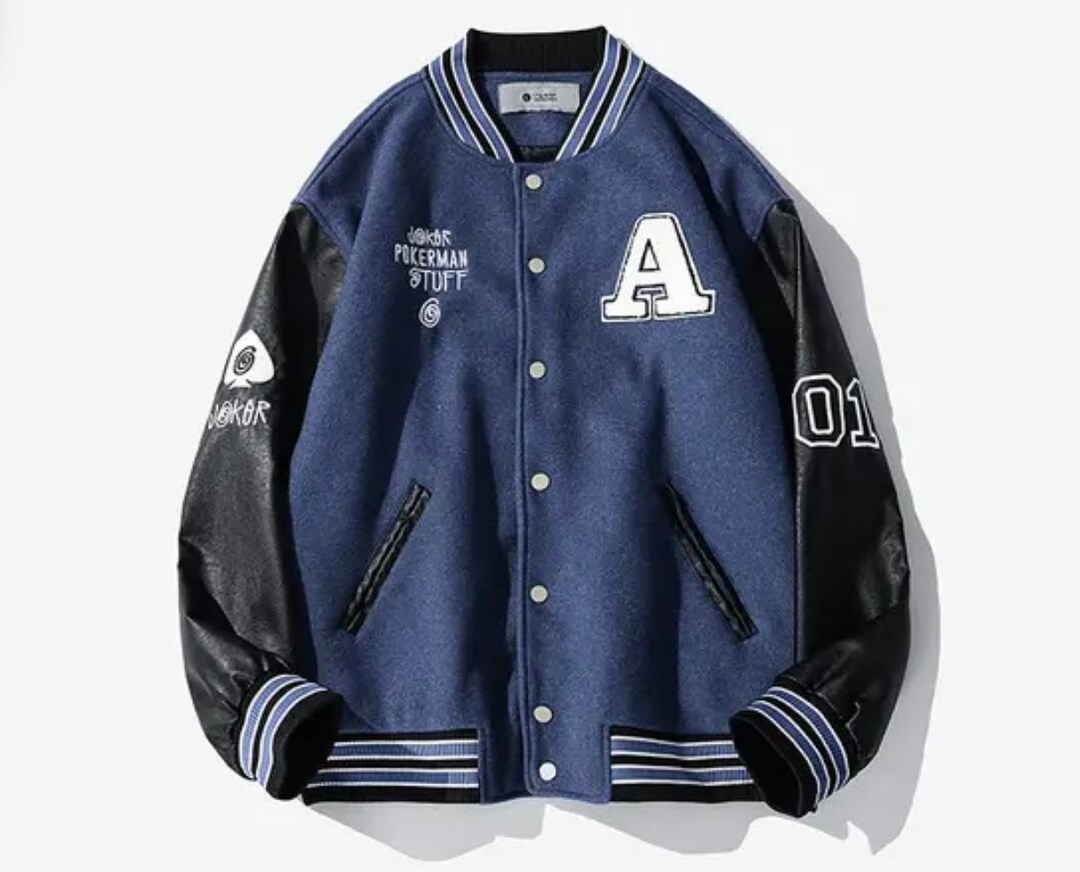 American Retro Flocking Baseball Jacket With Poker Embroidery - Etsy