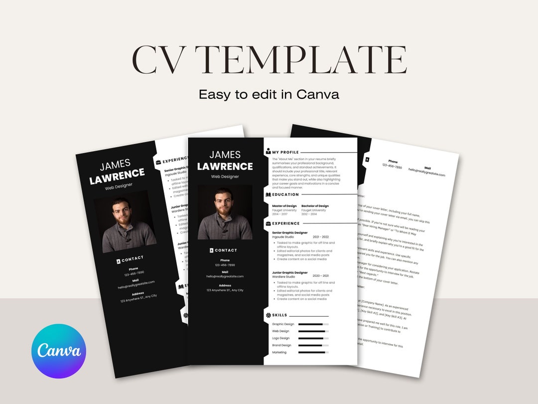 Resume Template CV Template Canva Template Cover Letter - Etsy