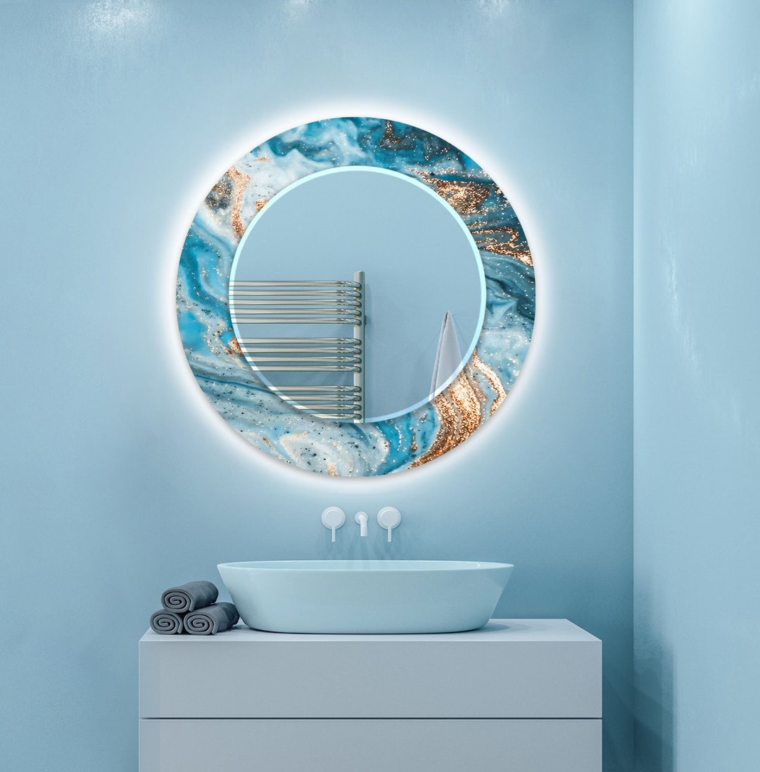 Led Lighted Blue Bathroom Mirror Wall Decor for Bedroom-round - Etsy