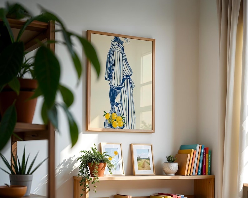 Lemon Kitchen Art, Blue Line Woman Fashion Print, Mediterranean Sketch ...