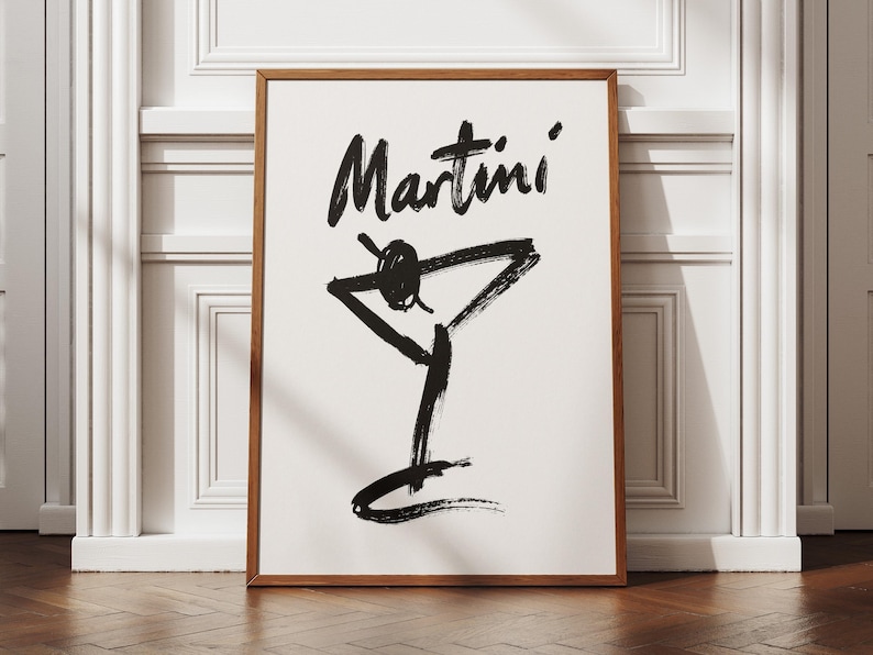Martini Print, Black and White Cocktail Art, Minimalist Calligraphy ...